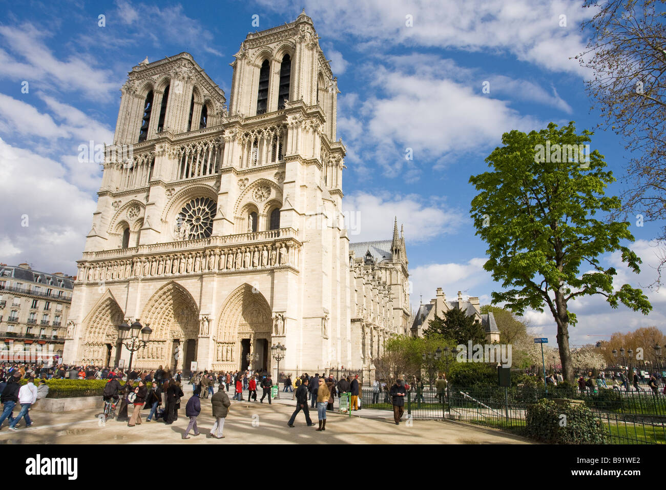 Notre Dame Cathedral exterior in spring sunshine Paris France Europe EU ...
