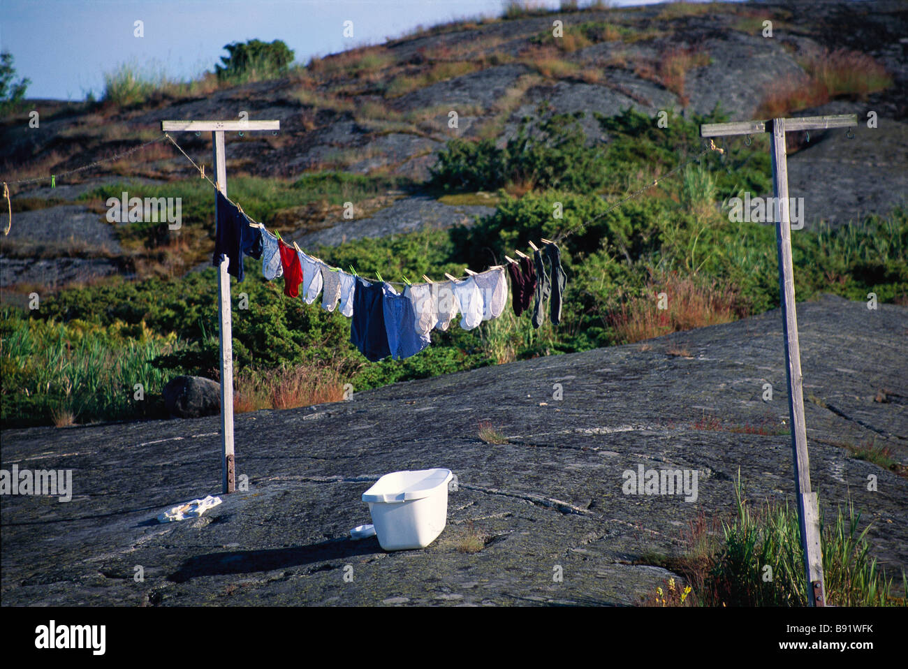 Laundry hanging on clothes line Stockholm archipelago Sweden Stock ...