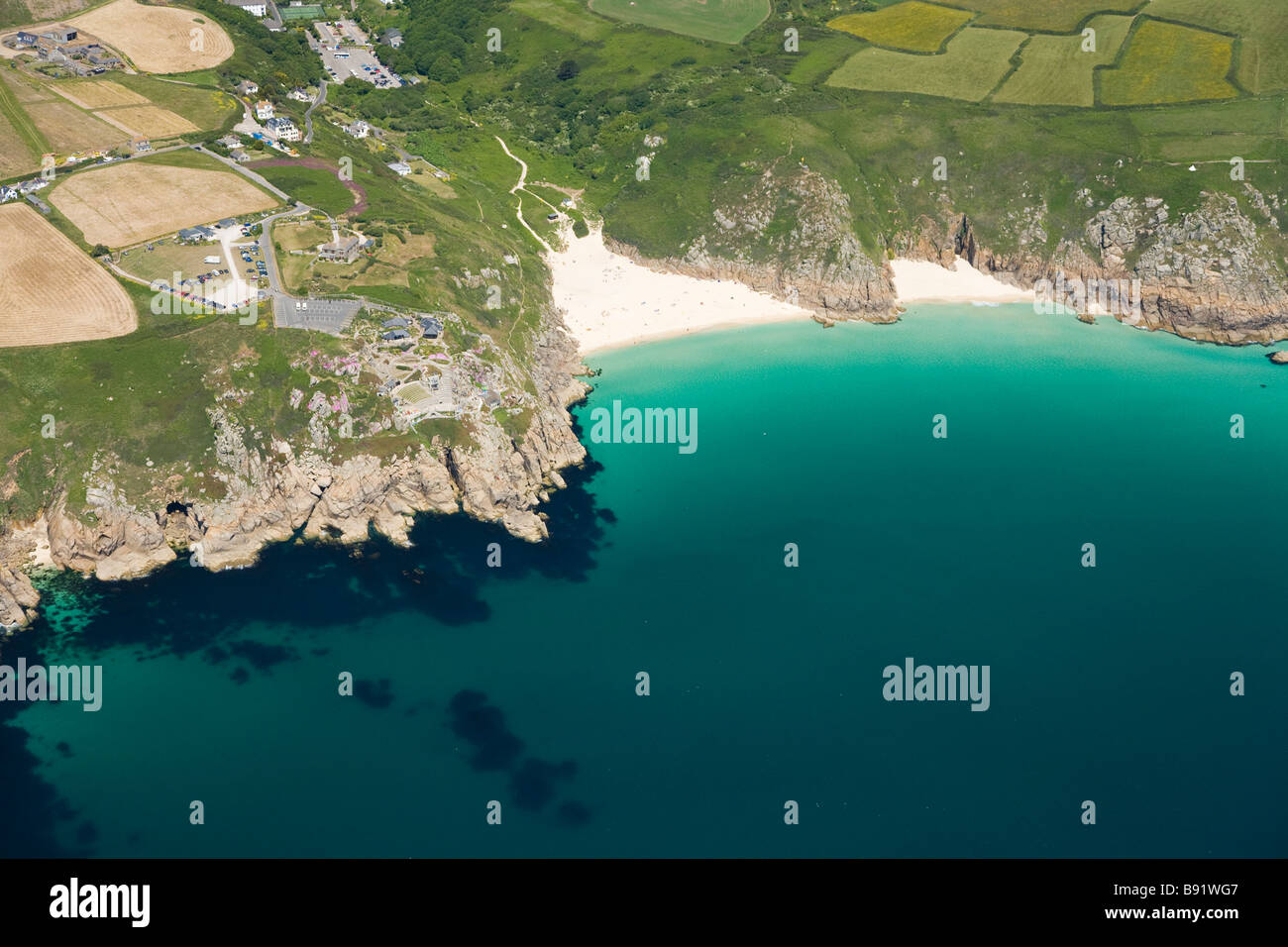 Aerial view of coastline Minnack theatre Porthcurno beach Cornish ...