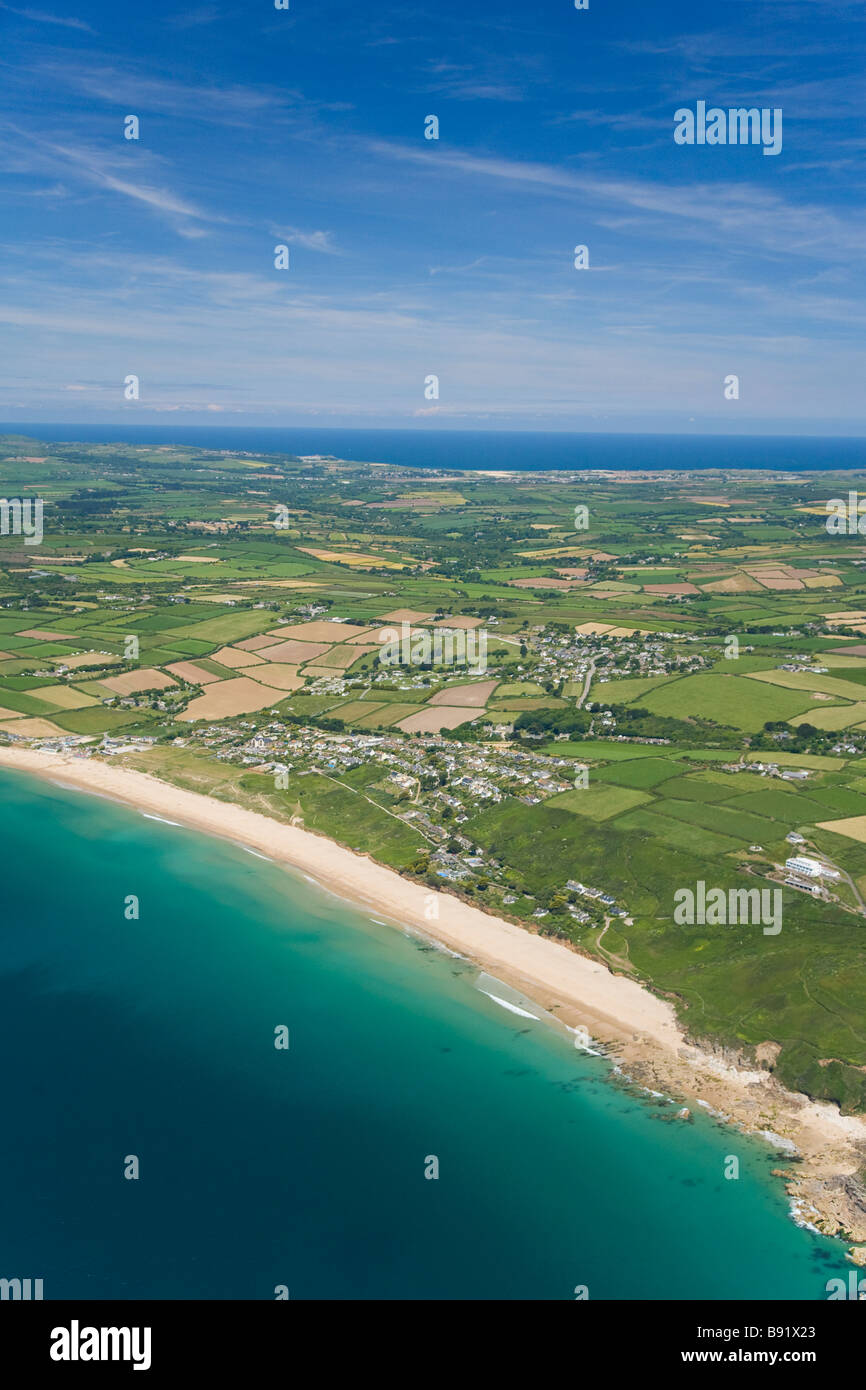 Aerial view of Praa Sands Lizard Peninsula Cornish Riviera Cornwall ...