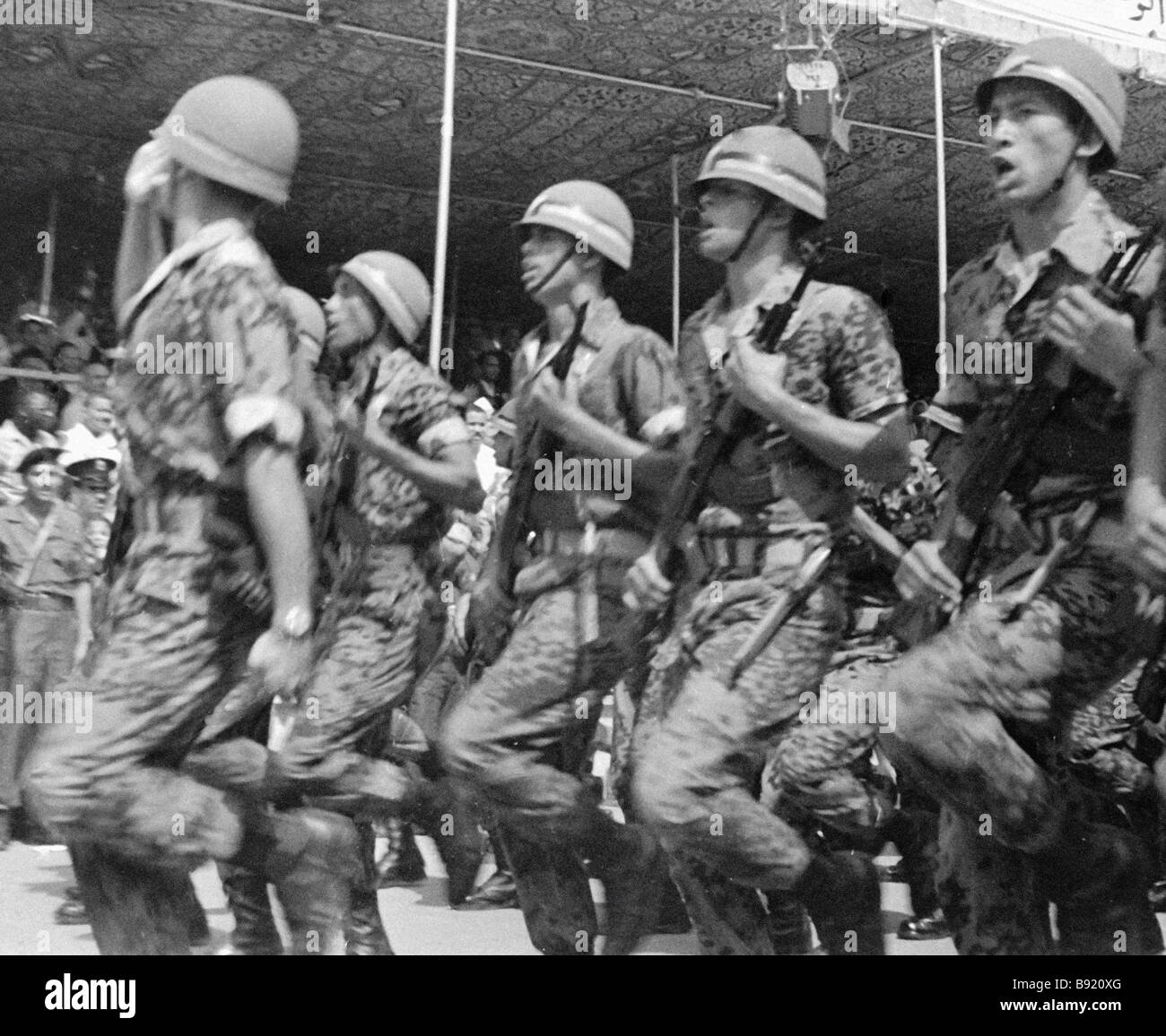 Paratroopers march pass the tribune during a military parade dedicated ...