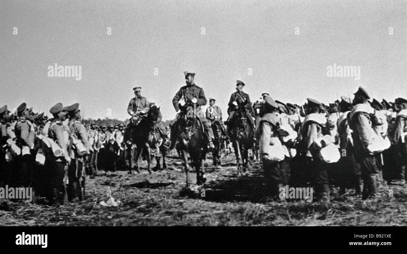 Nicholas II is inspecting a formation of infantry regiments due to ...
