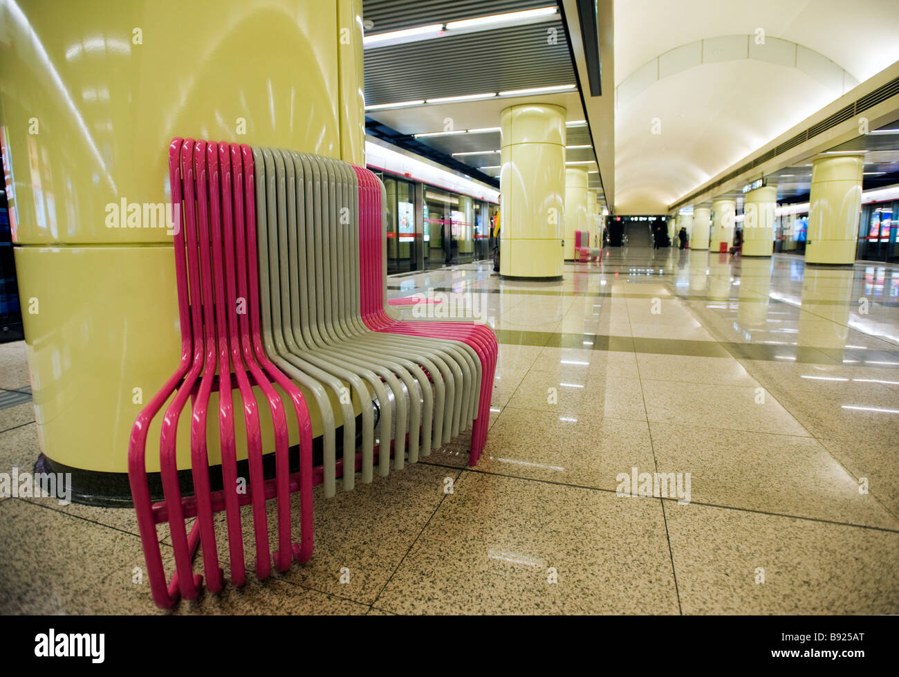Detail of new subway station platform architecture with yellow finishes ...