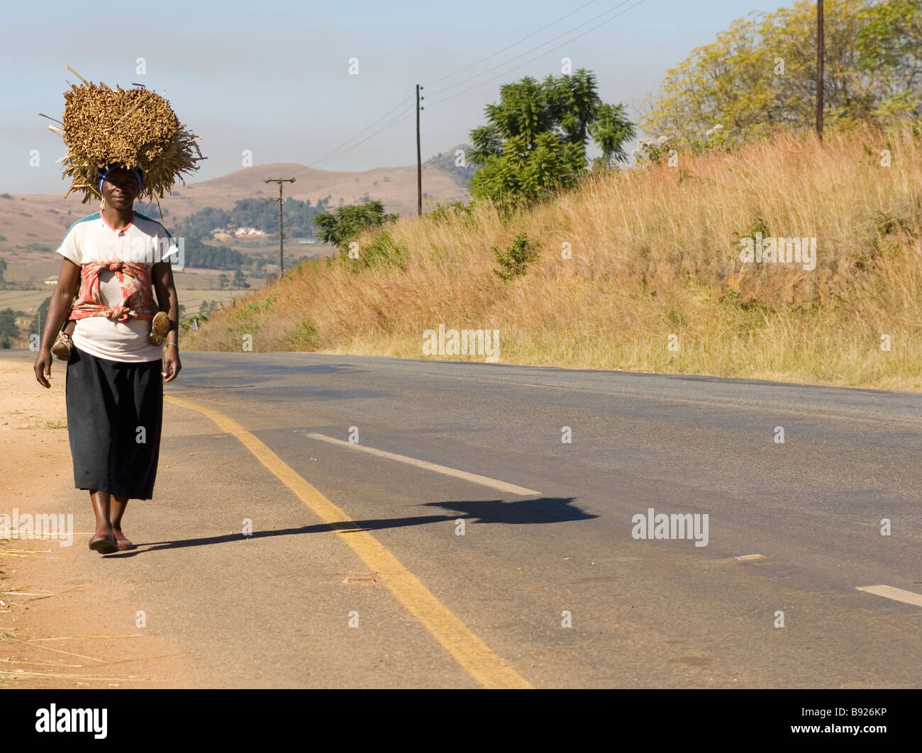 A woman carrying a reed bundle on her head walking along the road back ...