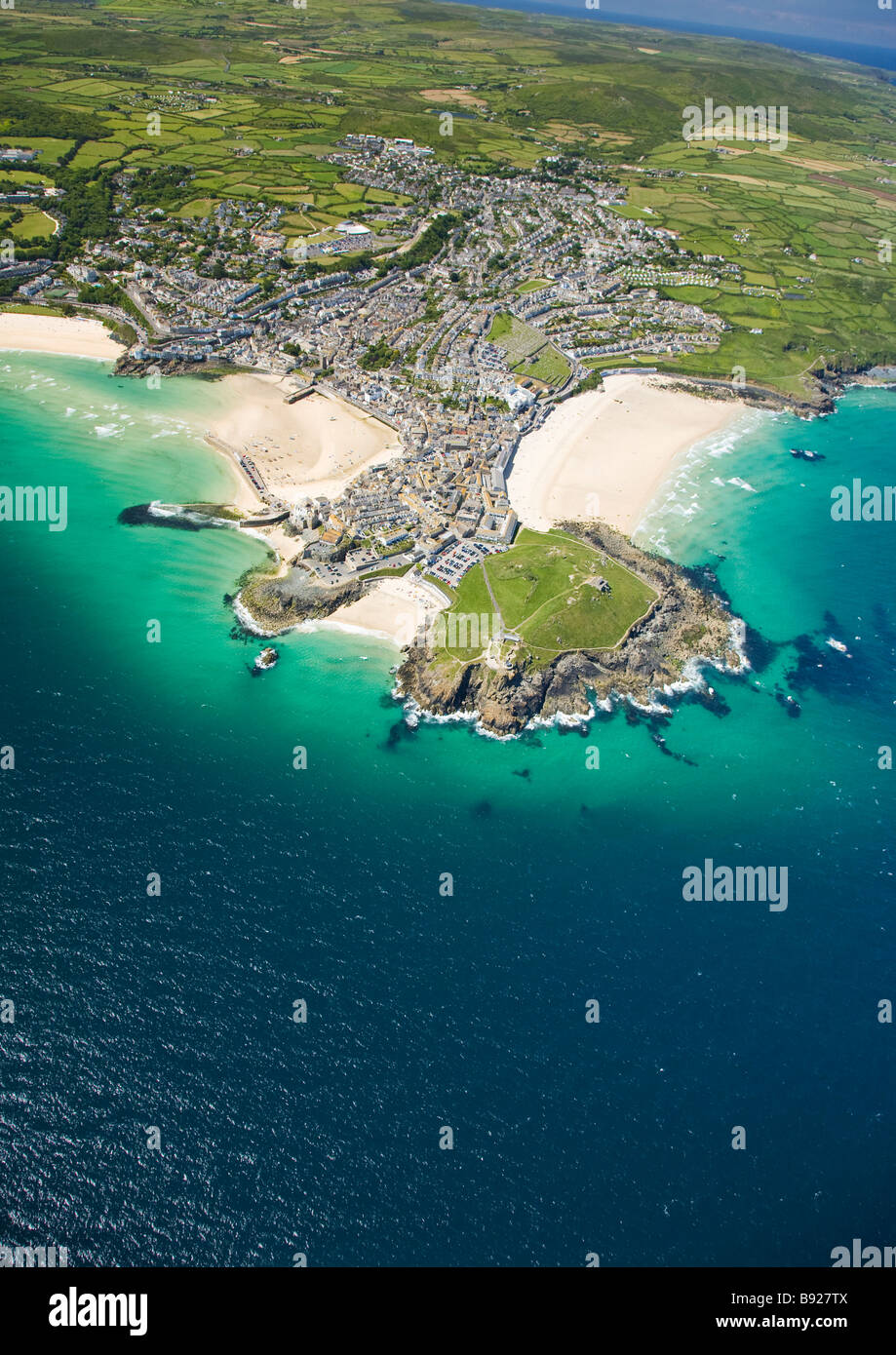 Aerial view of coastline St Ives summer sun Cornwall England UK United ...