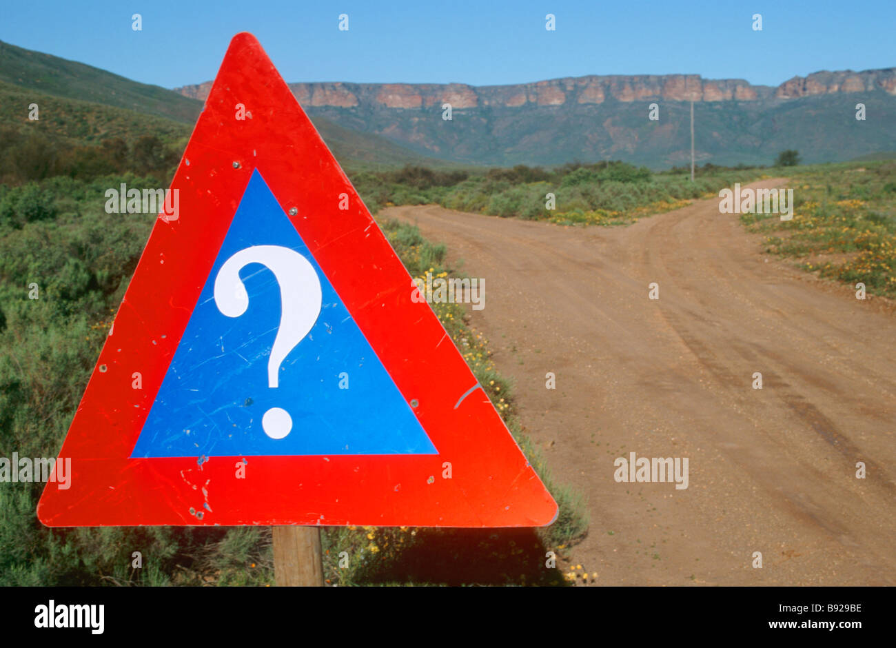 Road sign with question mark at fork in road Vanrhynsdorp Western Cape ...