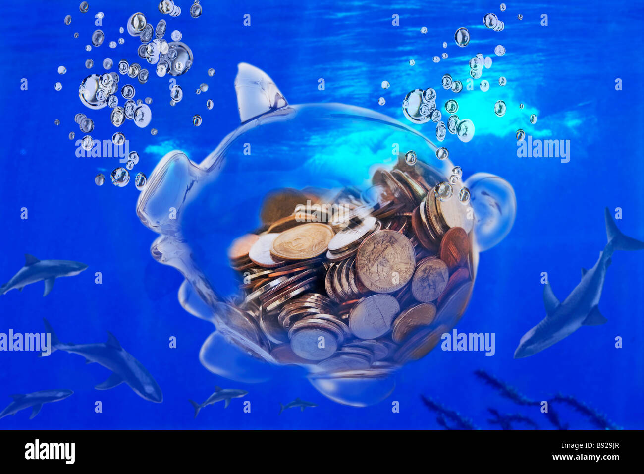 Coins in piggy bank sinking underwater Stock Photo - Alamy
