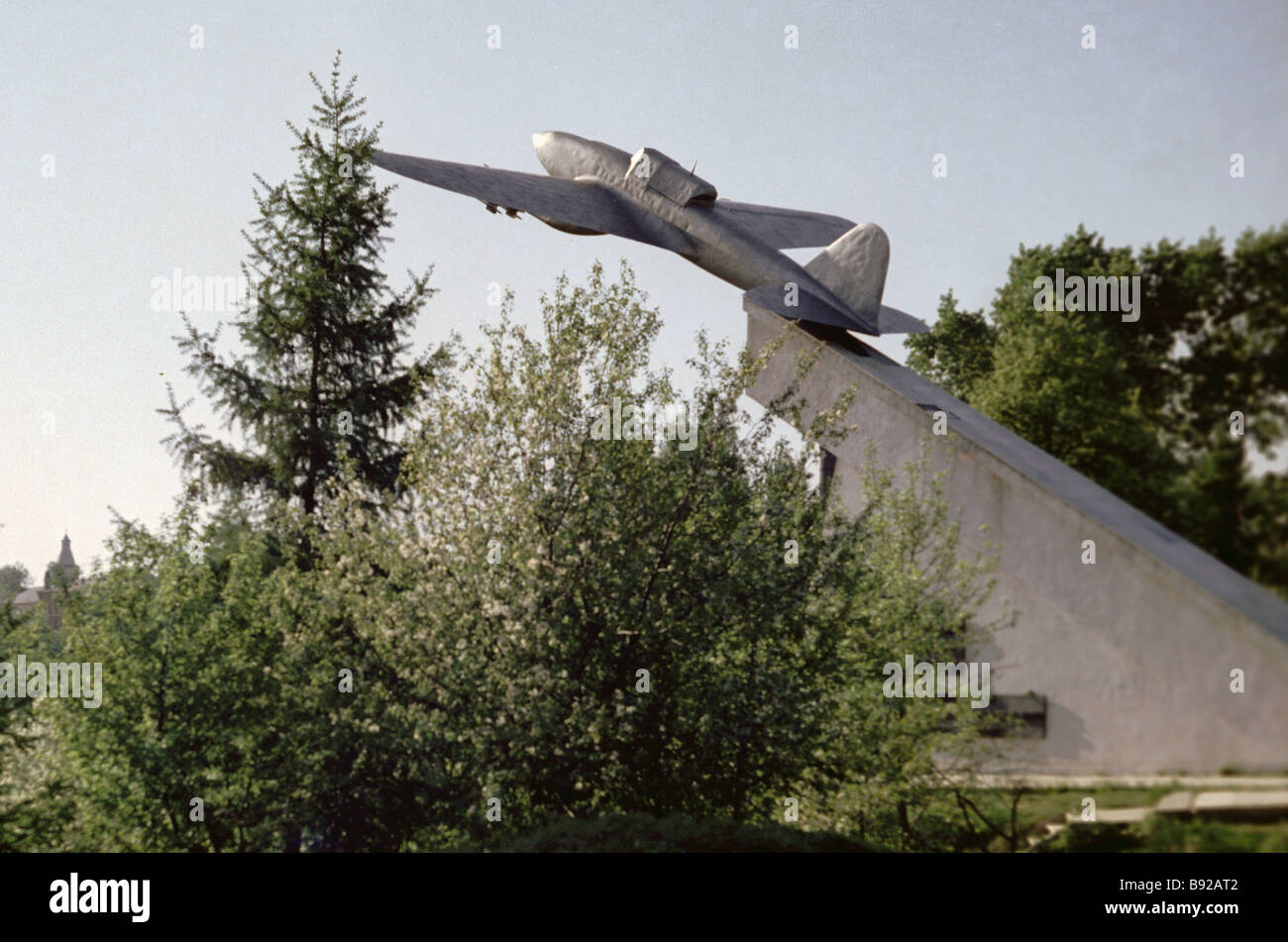 An Ilyushin Il 2 attack plane on a pedestal in memory of Soviet pilots ...