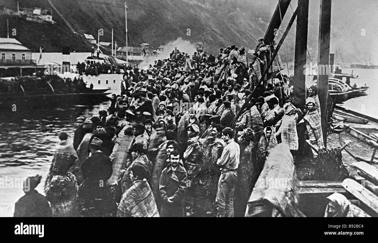 A barge with people released from the White Guard captivity Stock Photo ...