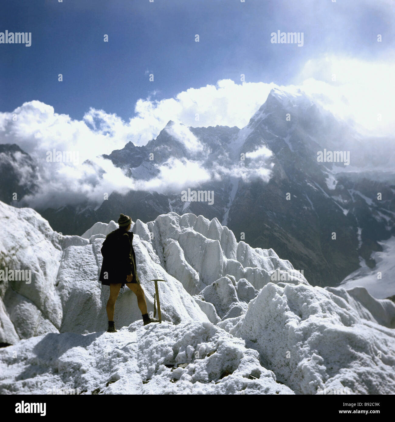 Mountain climber near foothill of 7 495 meter Communism Peak the ...