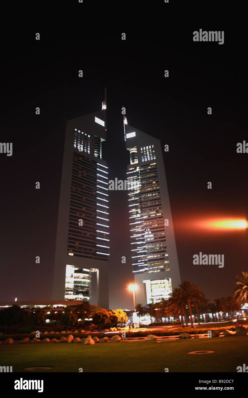 Night lights of the Emirates Towers at night Dubai United Arab Emirates ...