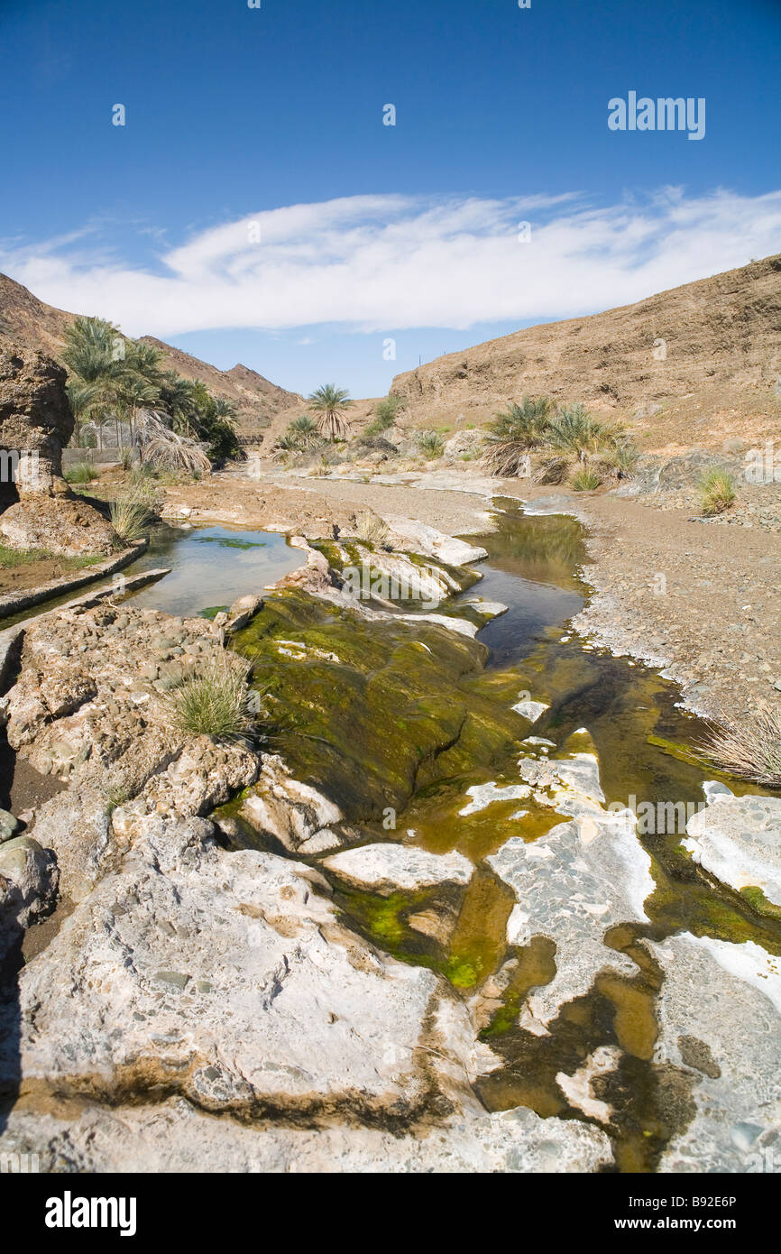 Traditional Arabian irrigation system called a Falaj spills over into a ...