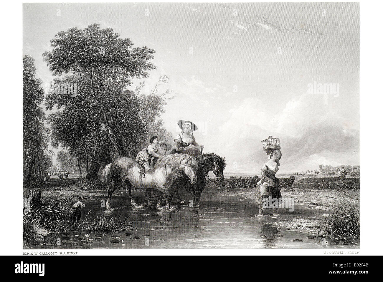 Crossing the Stream Farmer wife Horse boy servant basket poultry pail ...