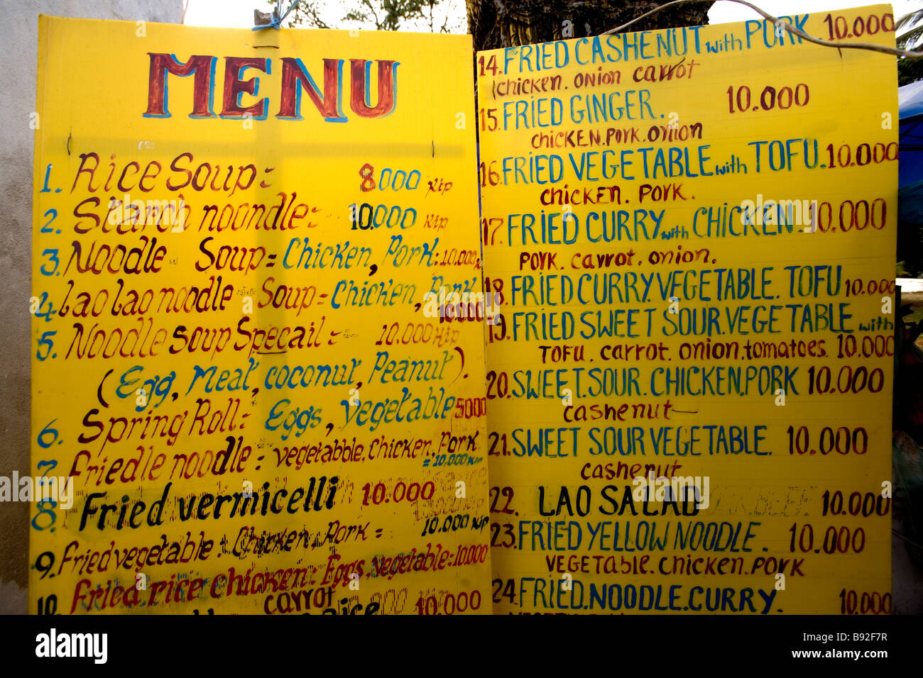 Laos, Vientiane Province, Vang Vieng, signboard menu at local ...