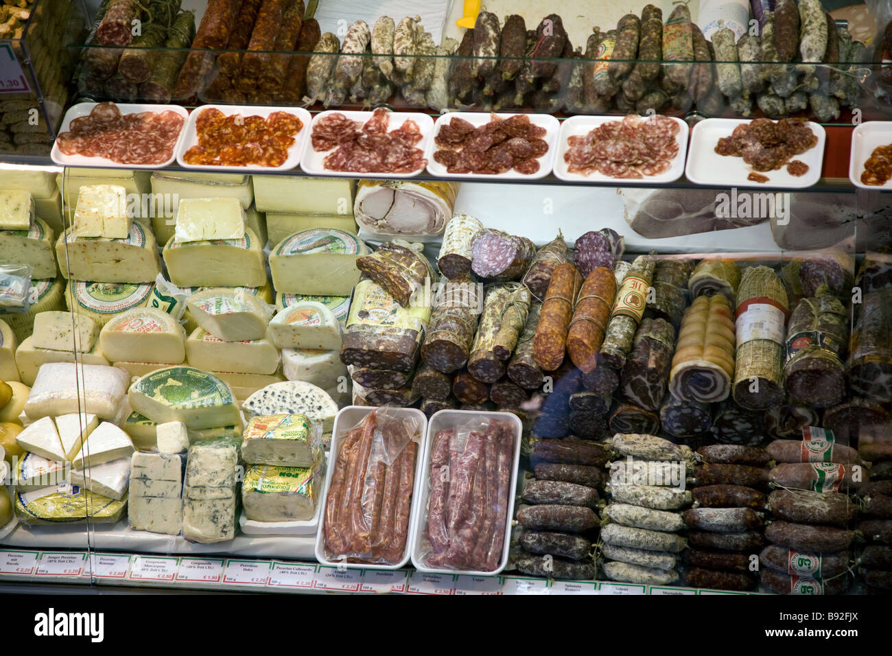 Various sausage and cheese products on display at Kleinmarkthalle in ...