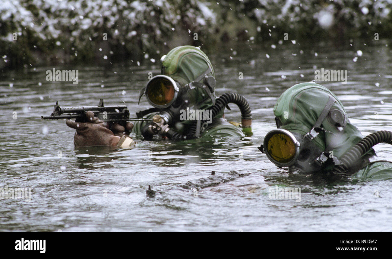 Underwater commandos performing a combat mission in the Barents Sea ...
