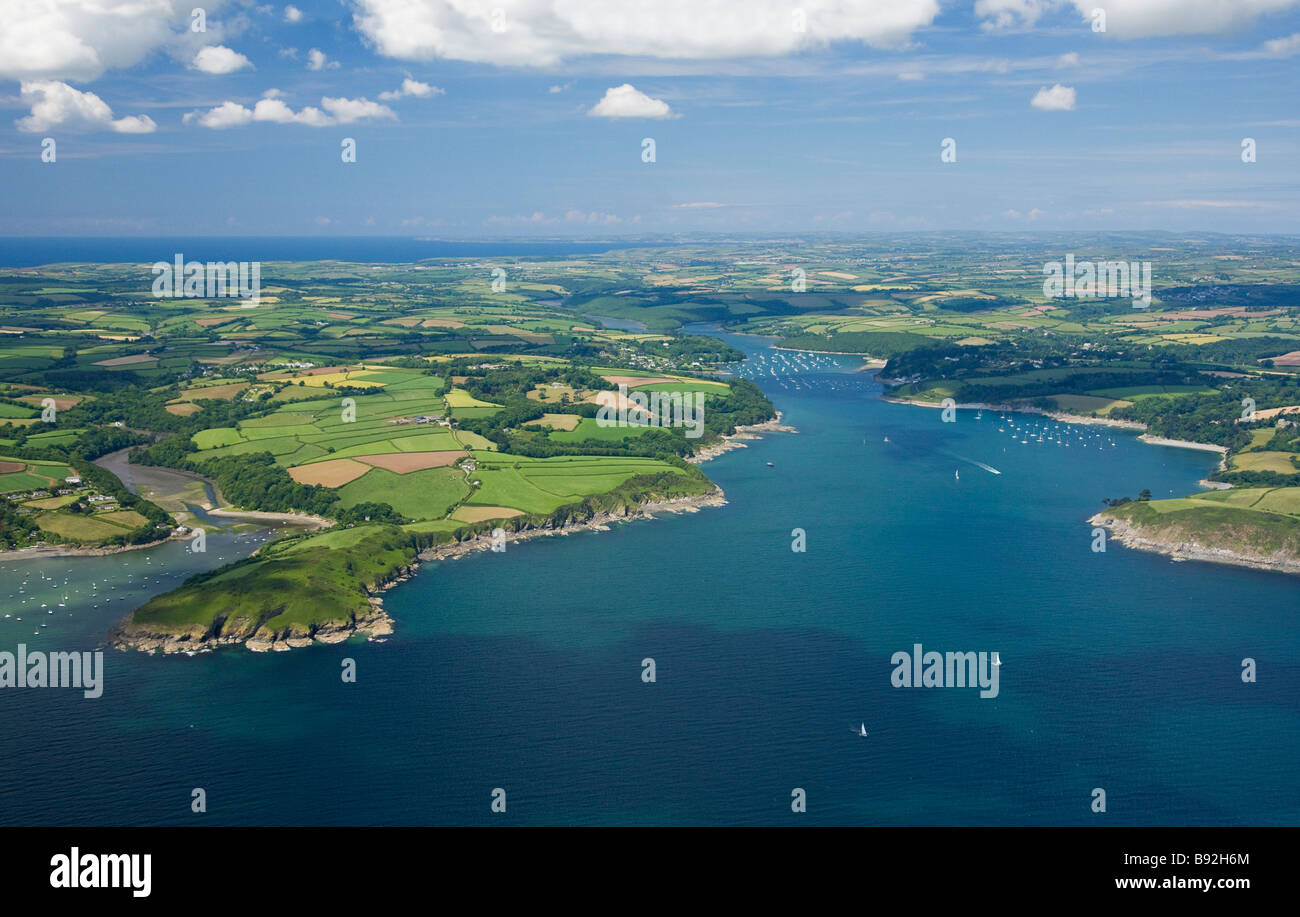 Aerial view of Helford River Estuary in summer sun Cornwall England UK ...