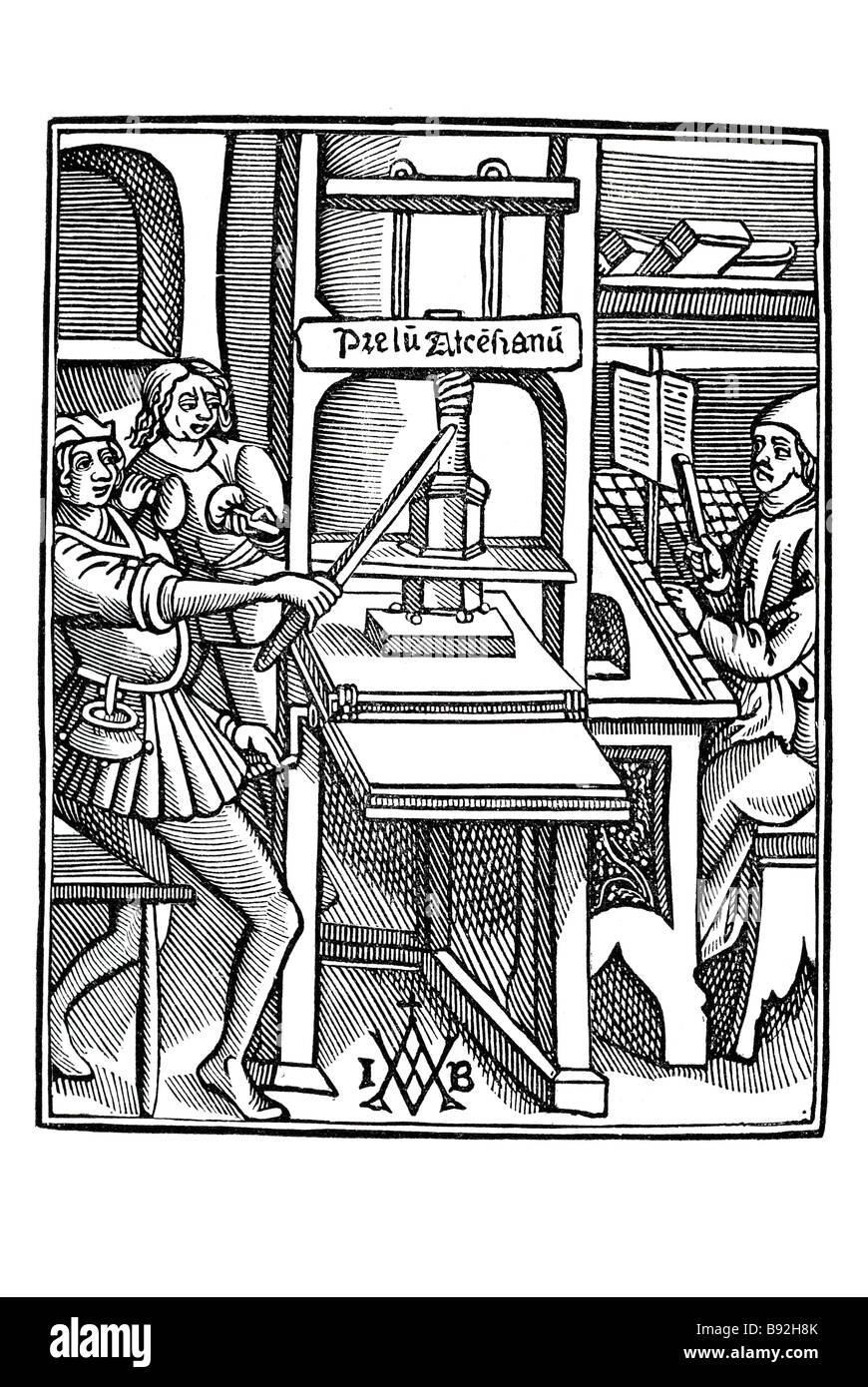 men working man printing press table newspaper literature book art wood ...