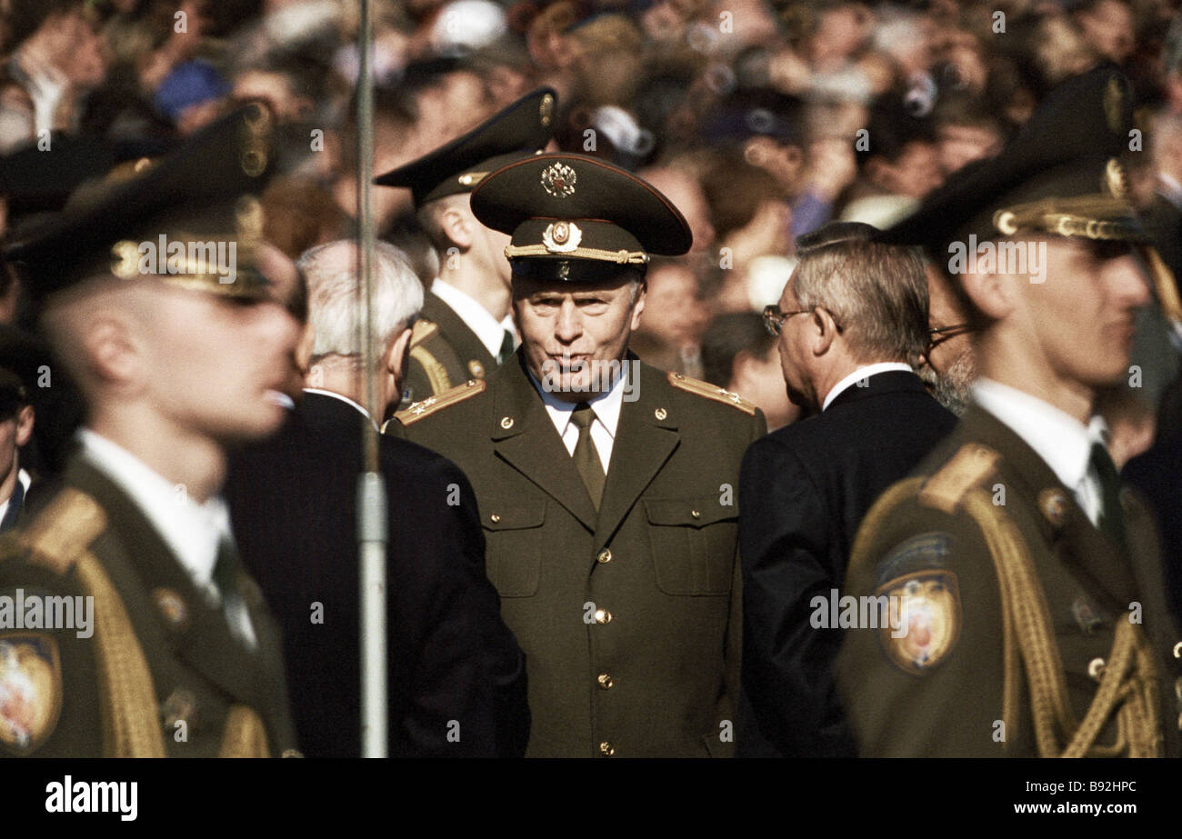 LDPR leader Vladimir Zhirinovsky center attending V Day military parade ...