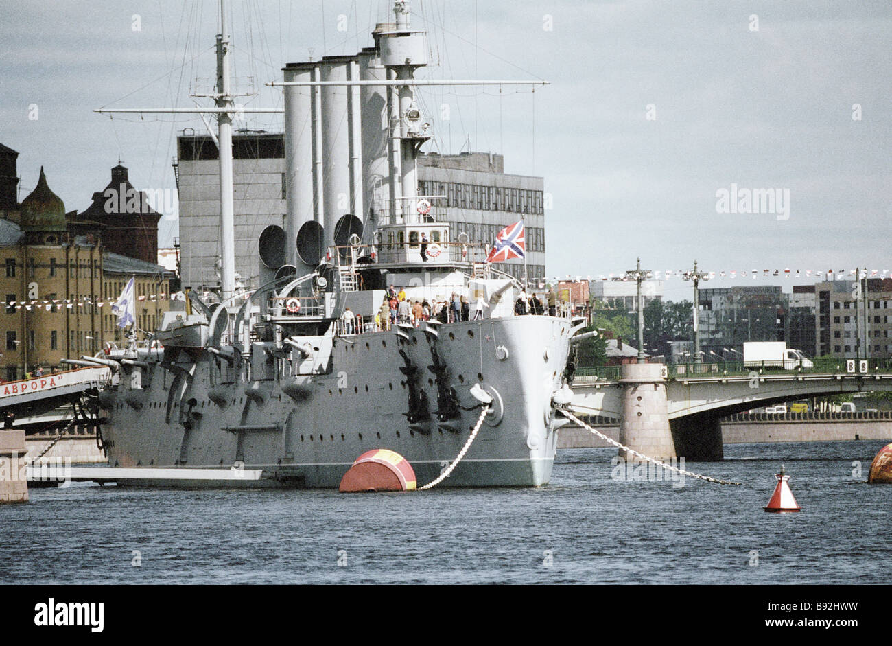 The cruiser Aurora on its eternal moorage Neva River St Petersburg ...