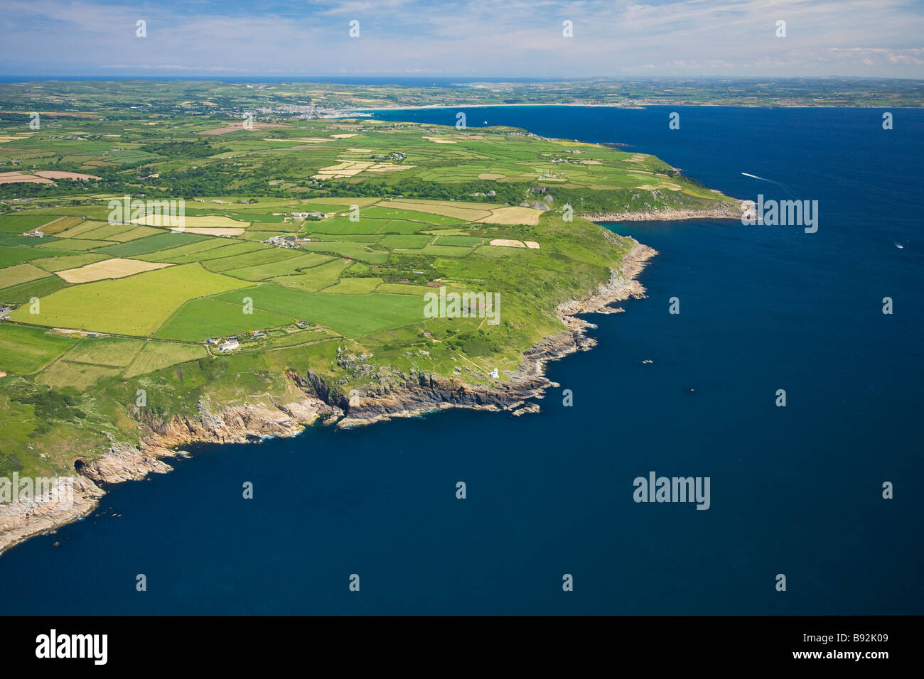 Aerial view of Lands End Peninsula Cornish Riviera Cornwall England UK ...