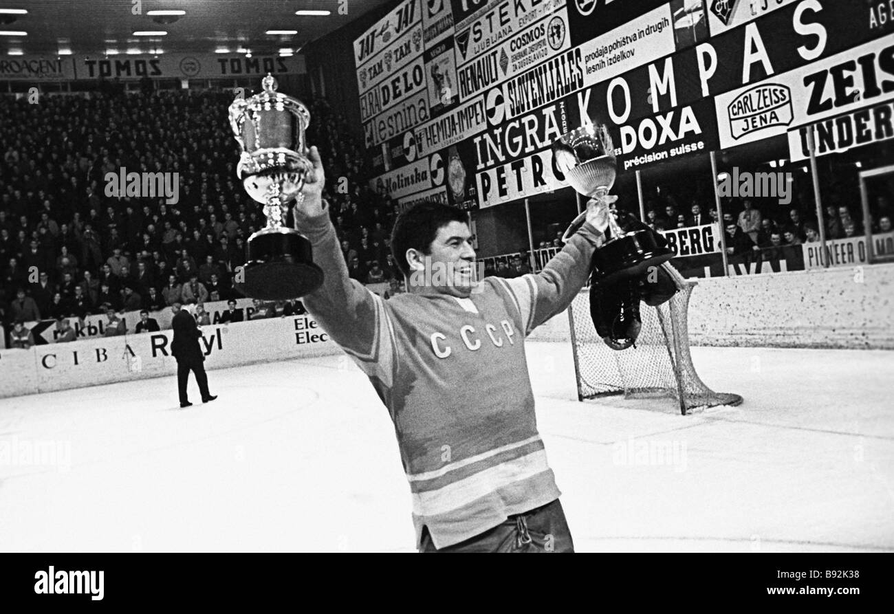 Viktor Konovalenko goalie of the Soviet select ice hockey team holds ...