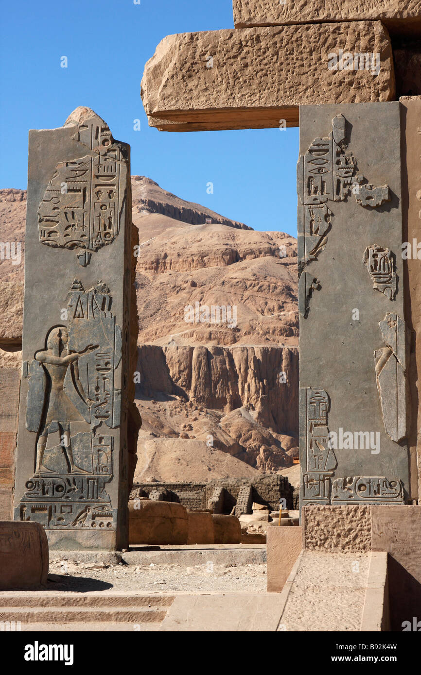 Ancient stone gateway carved with hieroglyphics, The Ramesseum ...