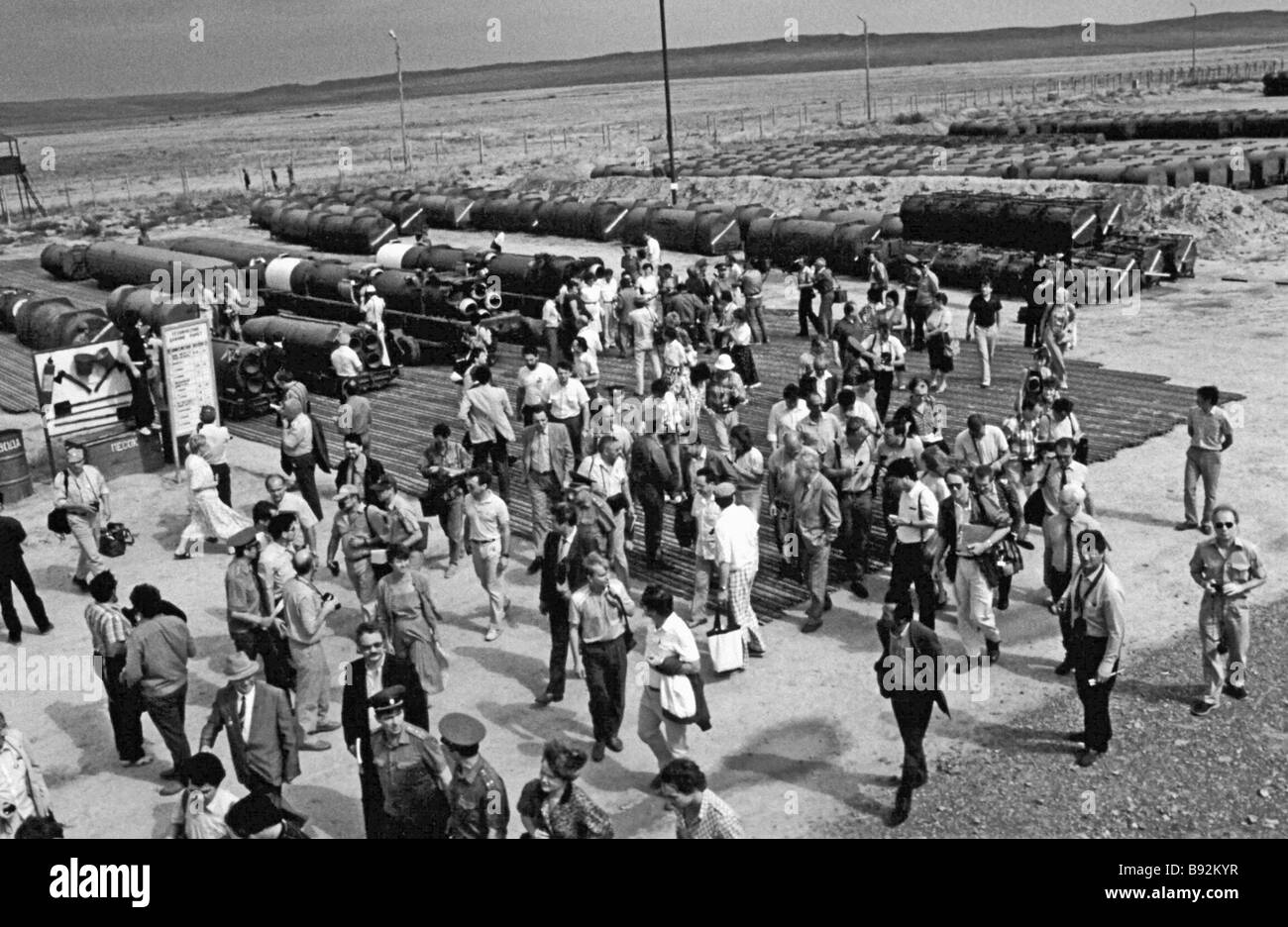 Soviet and foreign journalists at a military test range in Kazakhstan ...