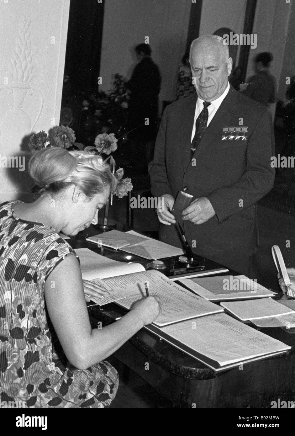 Marshal of the Soviet Union Georgy Zhukov right receiving ballot papers ...