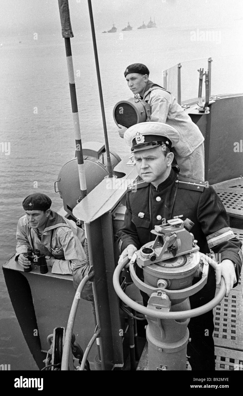 A watch officer on a warship during the military exercise Stock Photo ...