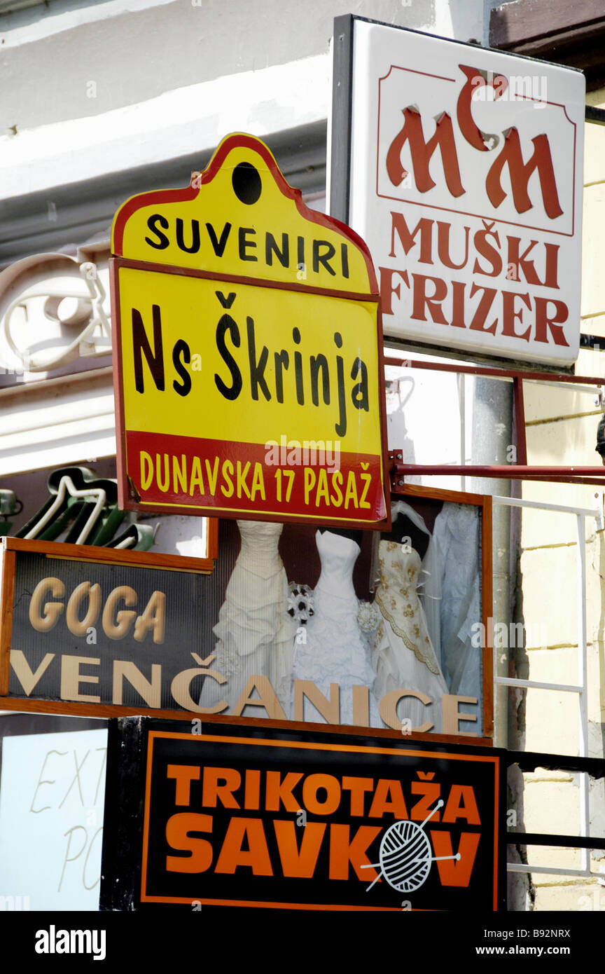 Serbia, Novi Sad, Shop Signs on Dunavska Street Stock Photo - Alamy