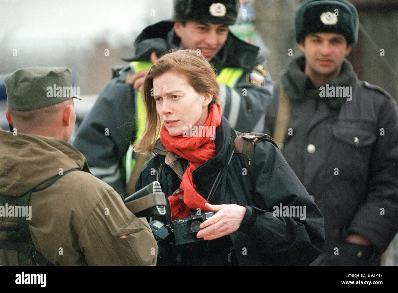 US journalist Heidi Bradner interviewing in Grozny street on the day of ...