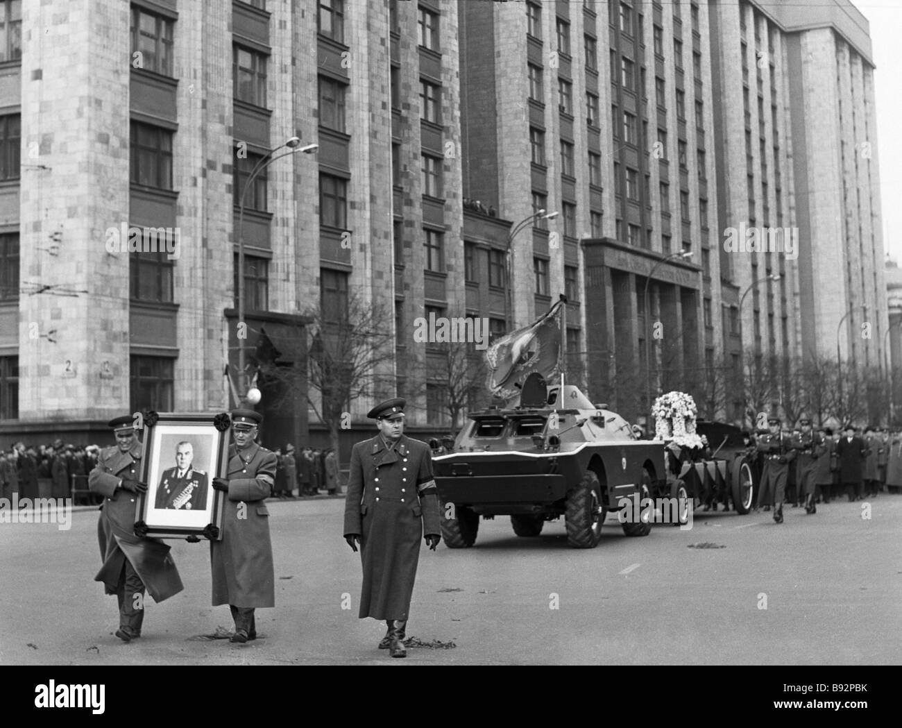 Mourners pass along Marx Avenue Moscow during Marshal Rodion Malinovsky ...