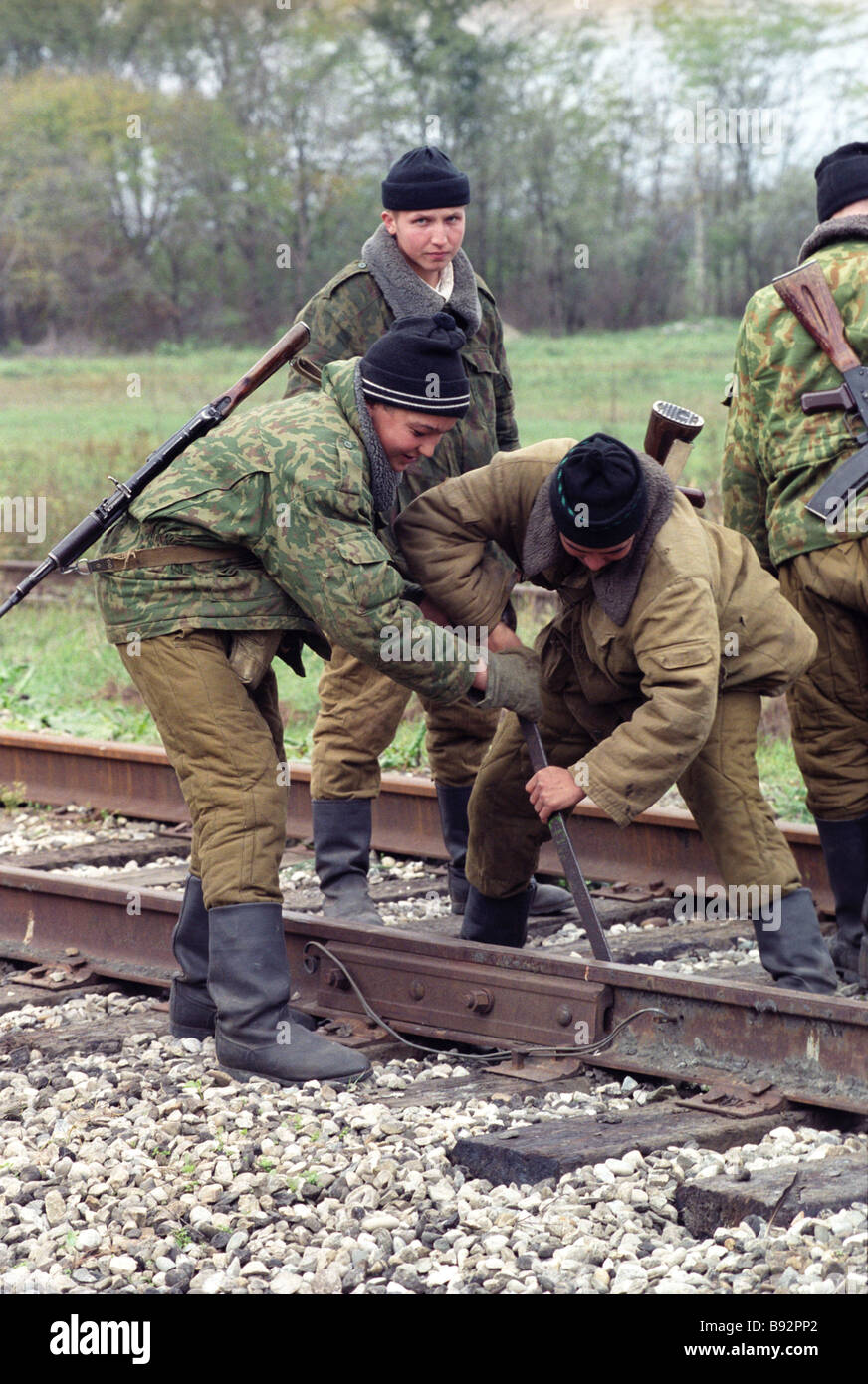 A team of Federal Forces soldiers in the North Caucasus restoring the ...