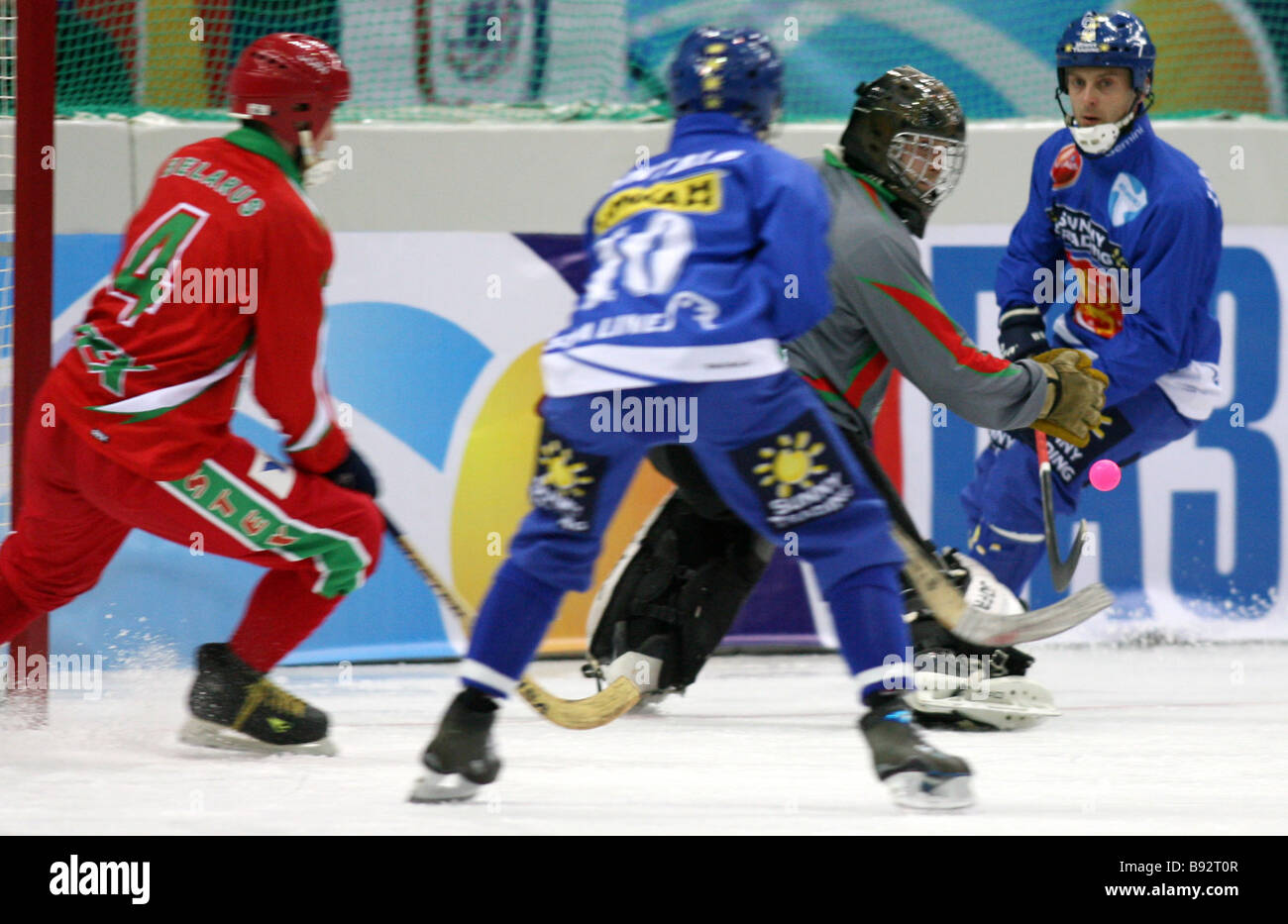 A dangerous moment at Belarus s goal Belarusian goalie Dmitry Sergeyev ...