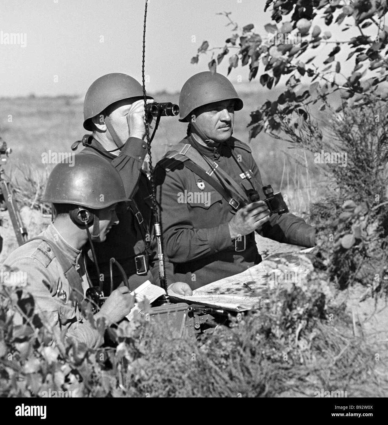 Officers watching progress of an exercises in one of the Soviet Army ...