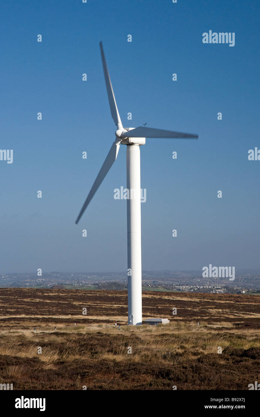 A wind turbine of Ovenden Wind Farm on the moors above Ogden Reservoir ...