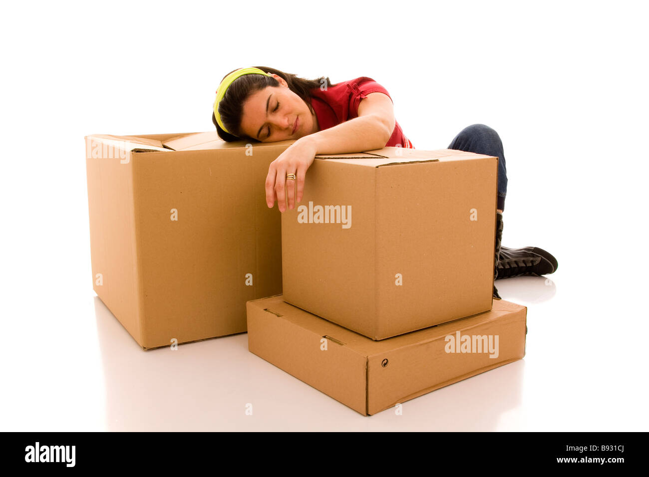 woman with packages for house moving isolated on white Stock Photo - Alamy