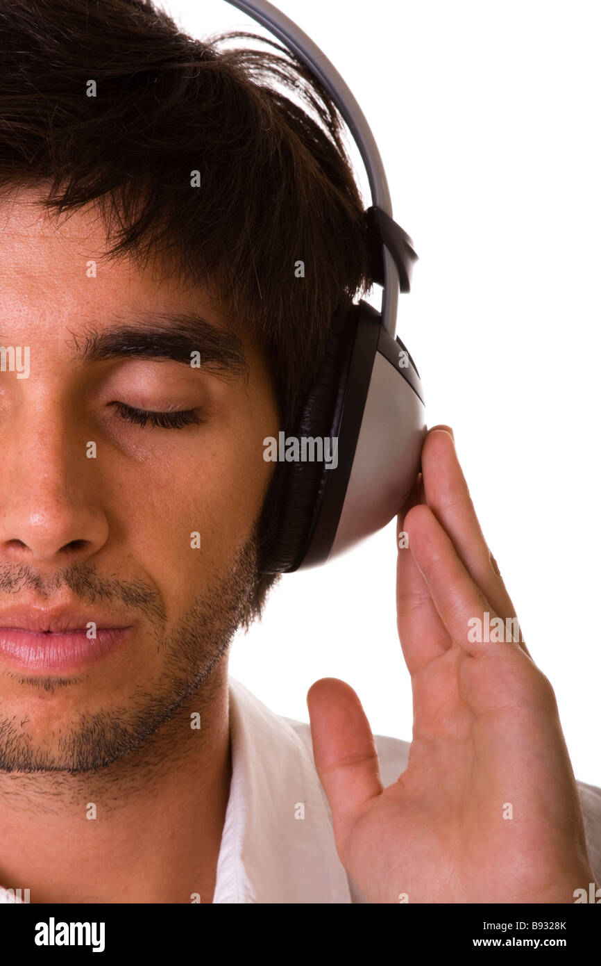young men feeling the music isolated on white Stock Photo - Alamy