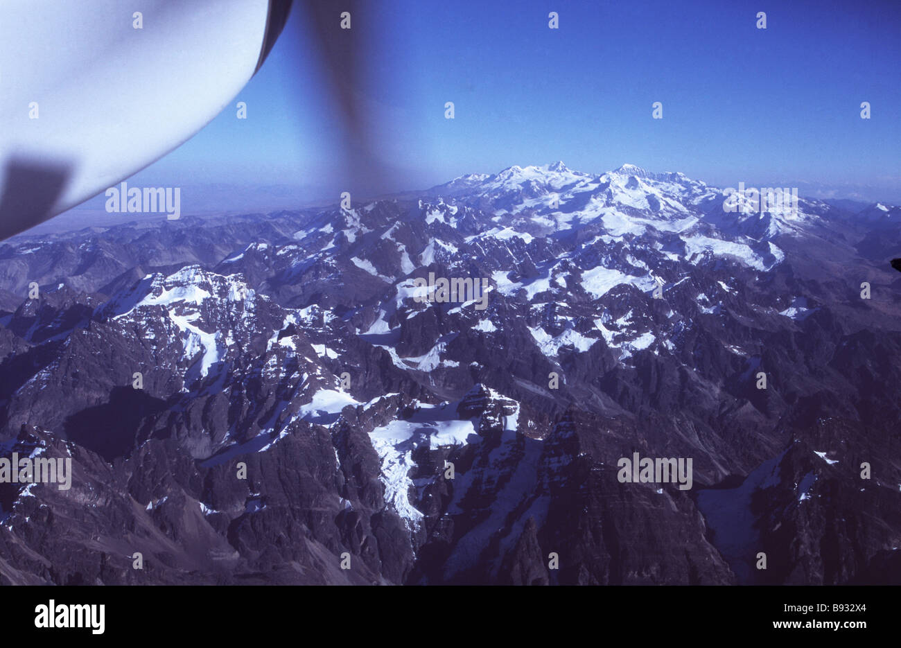 Aerial view of northern part of Cordillera Real from aeroplane, Bolivia ...