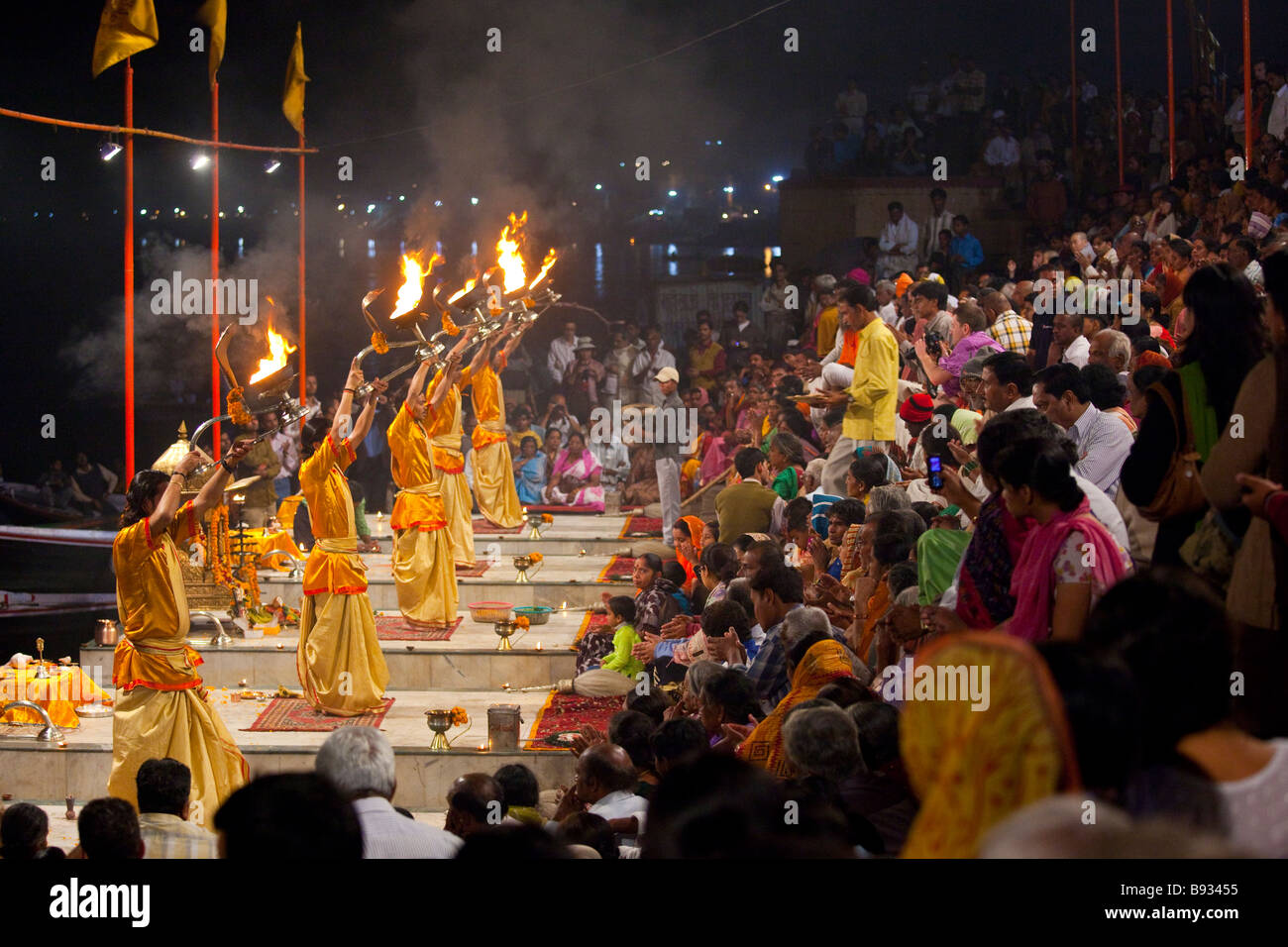 Nightly Nighttime Puja on the Ganges River in Varanasi India Stock ...
