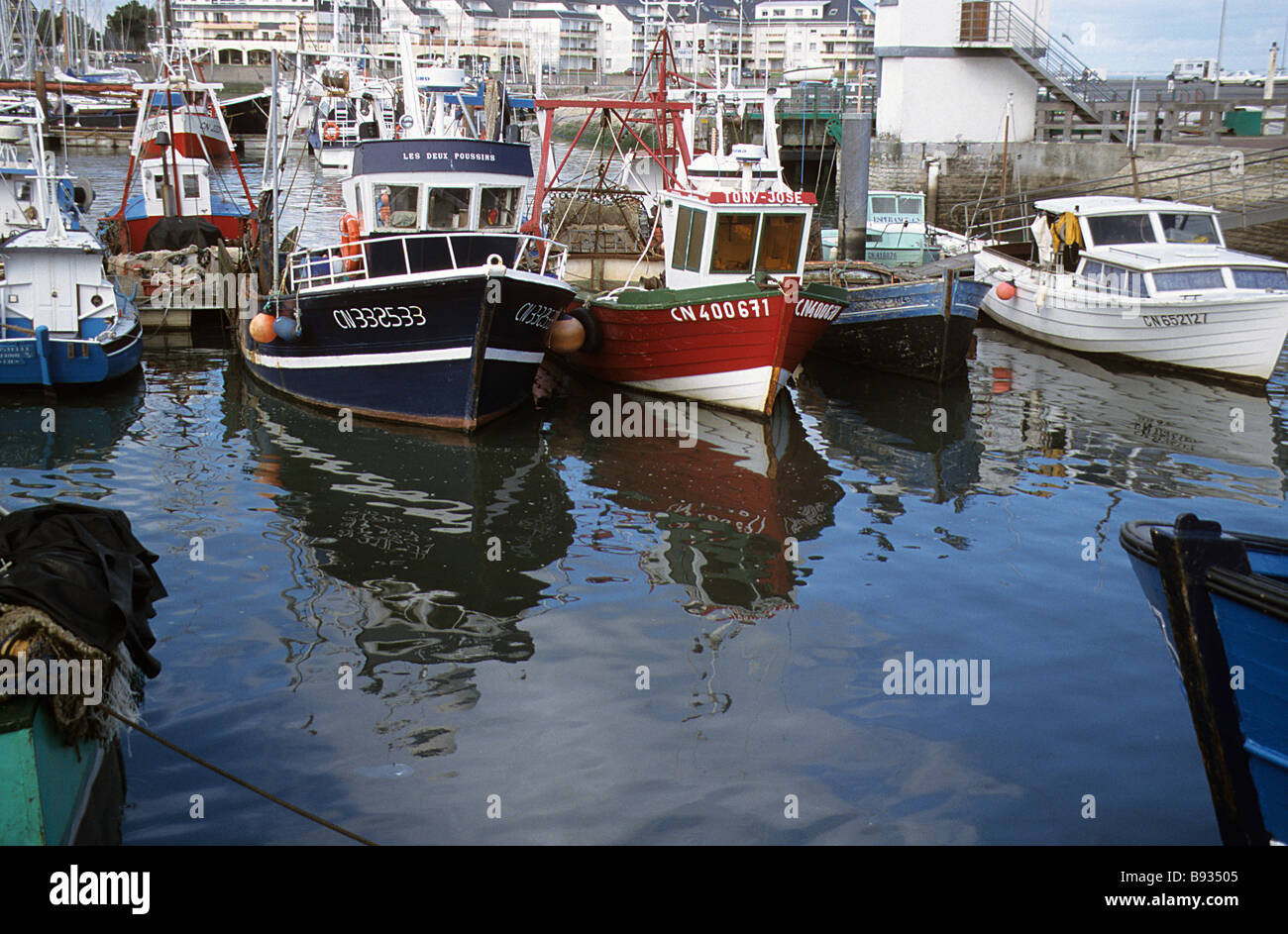 France, fish being landed from fishing boat in the harbour of Grandcamp ...