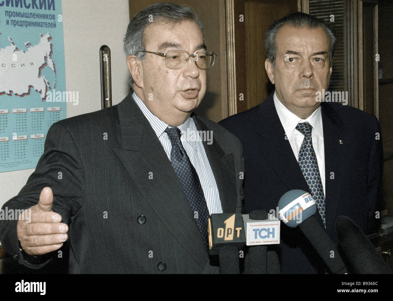 Yevgeni Primakov Russia s Prime Minister left and Arkadi Volsky Russian ...