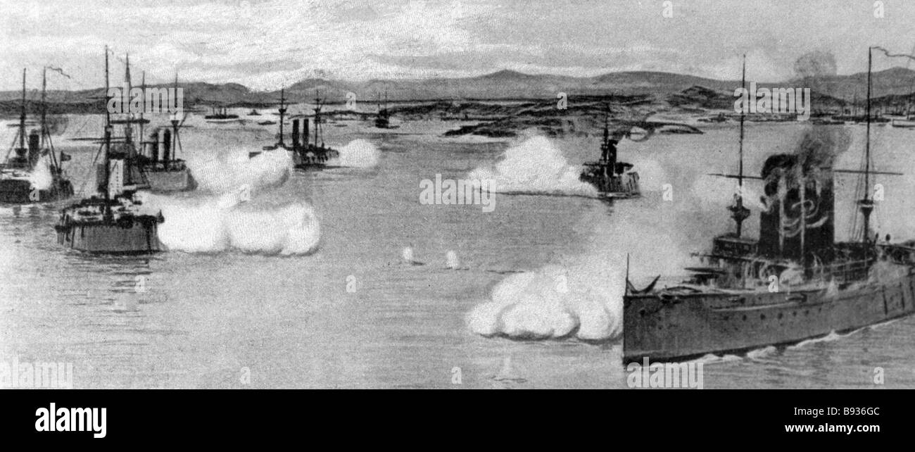 The cruiser Varyag and the Koreyets gunboat fight a Japanese naval ...