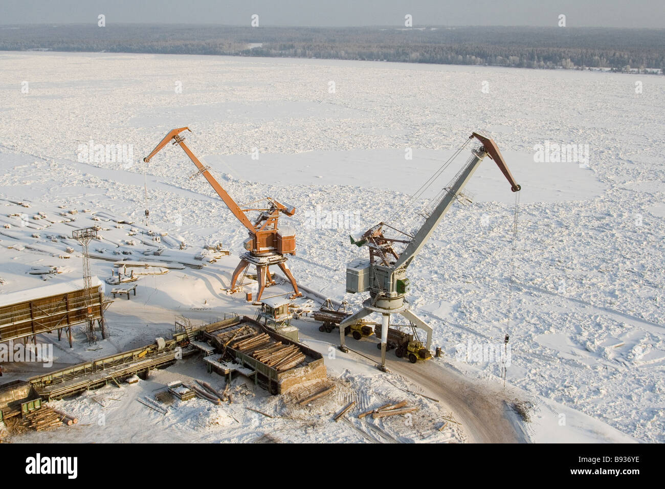 Sawlog sorting section Lesosibirsky sawmill No 1 Stock Photo - Alamy