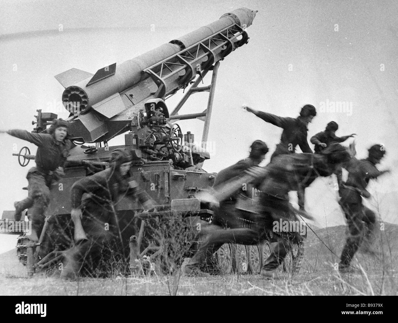 Missile system crew diving for shelter before the missile launch Stock ...