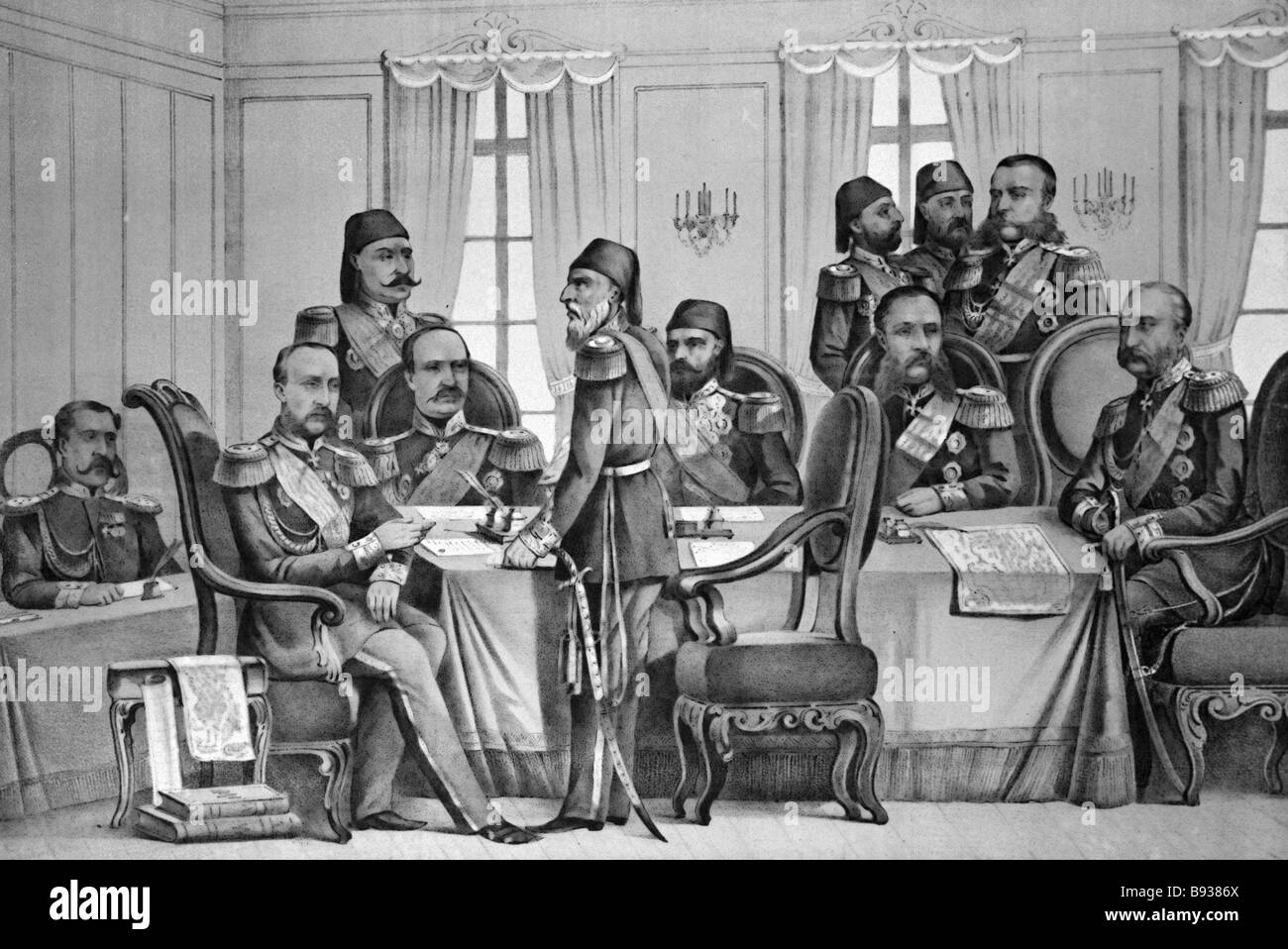 A reproduction of the lithograph Signing the San Stefano Peace Treaty ...