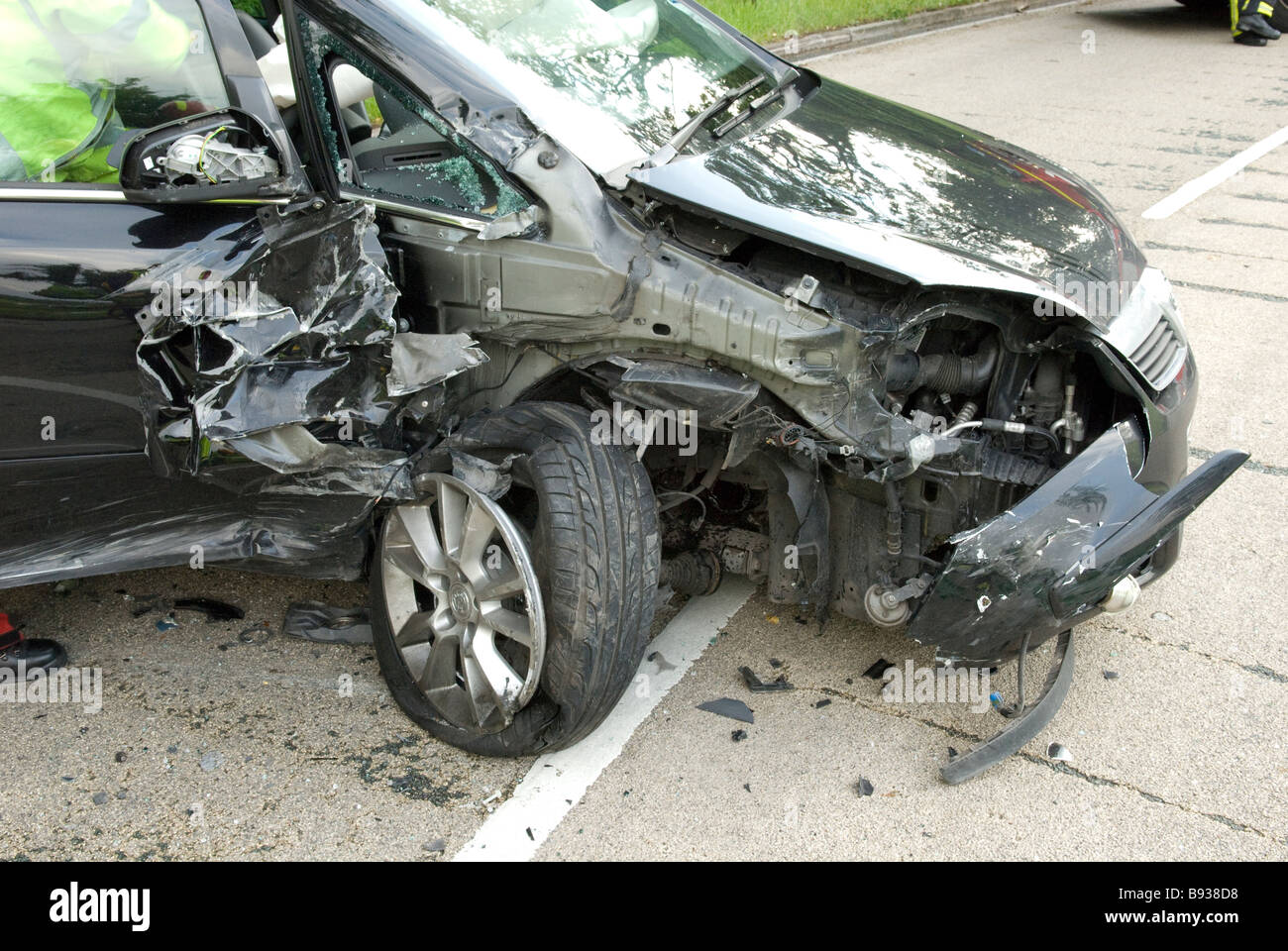 Crashed car with badly damaged wing RTC Stock Photo - Alamy
