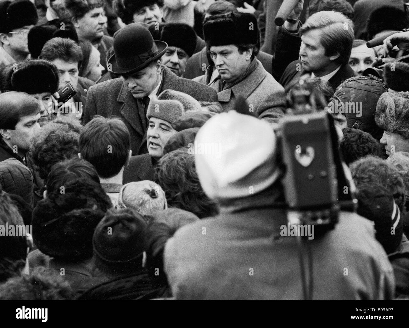 U S S R President Mikhail Gorbachev center talking with Minsk residents ...
