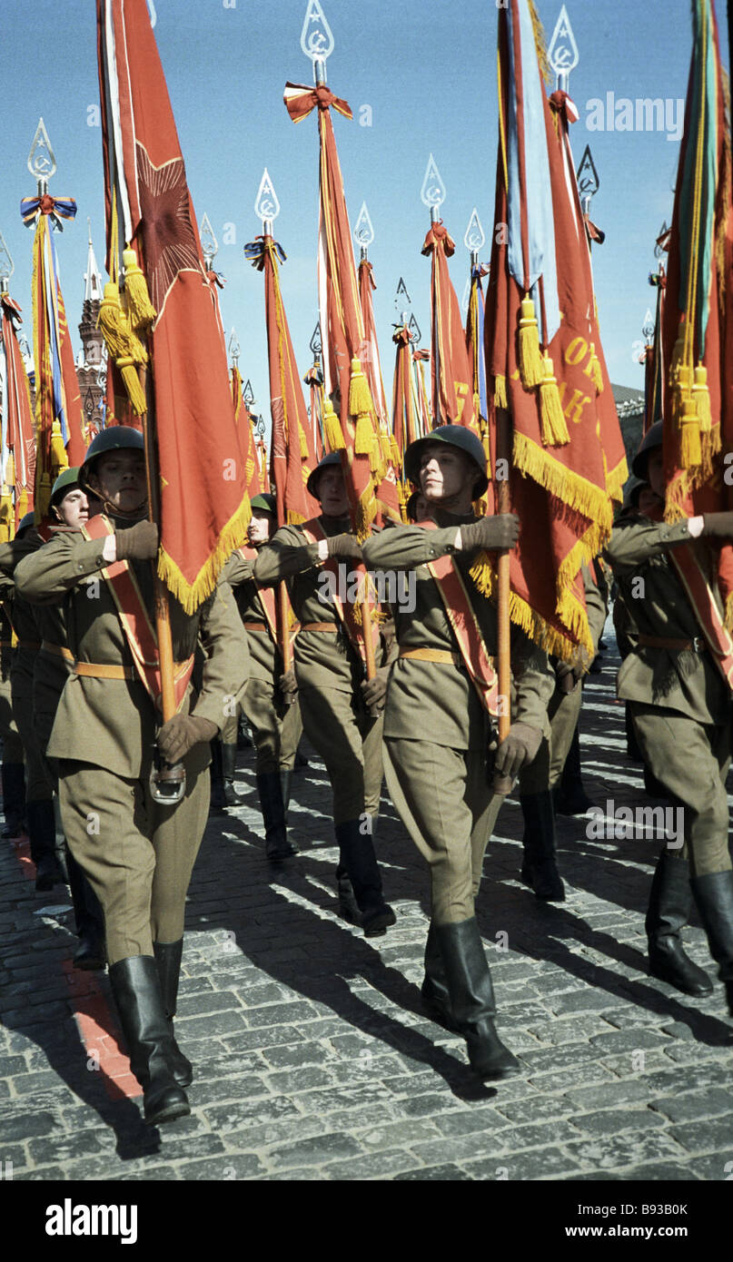 Soldiers in the WWII uniforms at a military parade dedicated to the ...